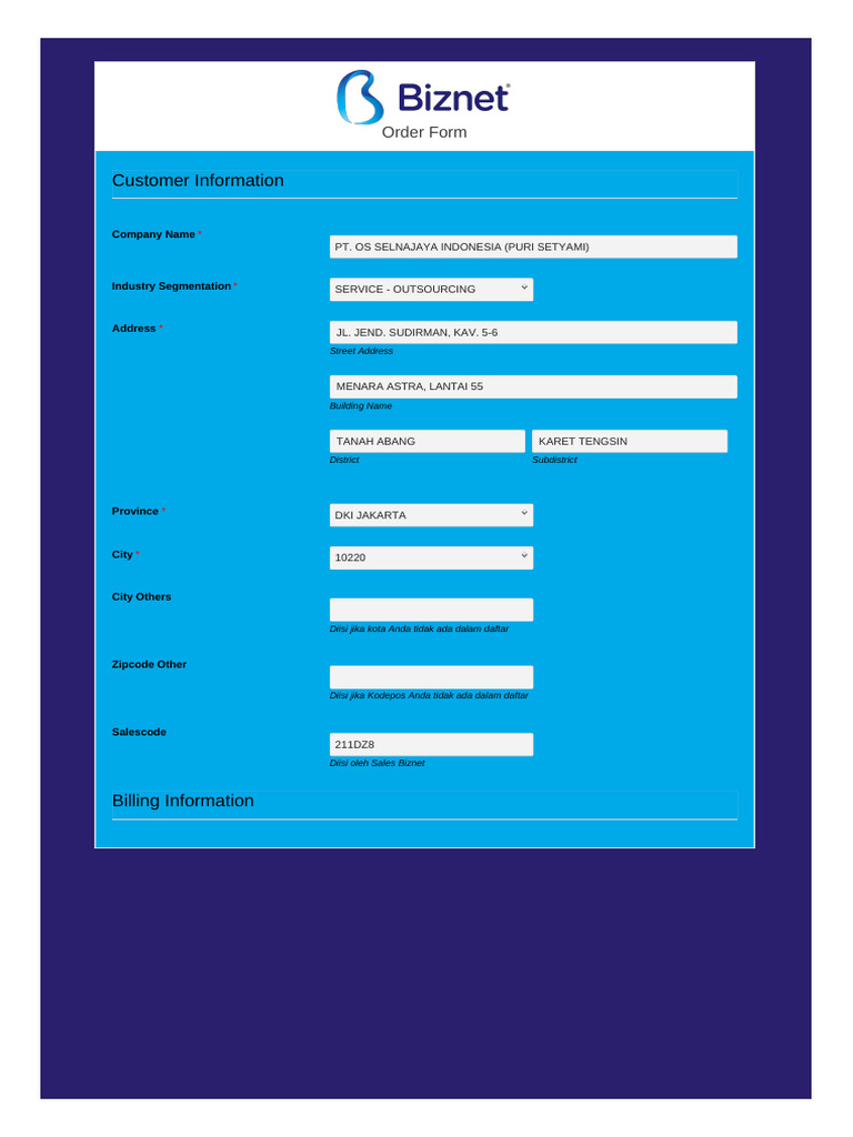 Orderform - Biznet Bandwidth On Demandpt. Os Selnajaya Indonesia (Puri ...