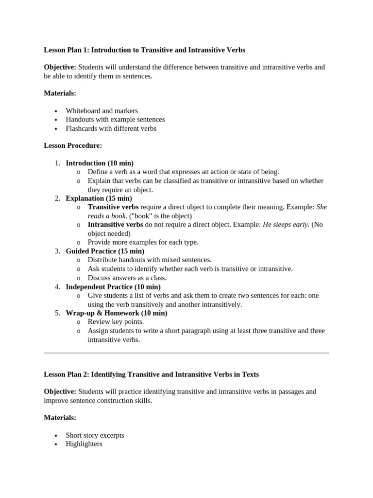 Lesson Plan 1 transitive and intransitive verbs | PDF | Verb ...