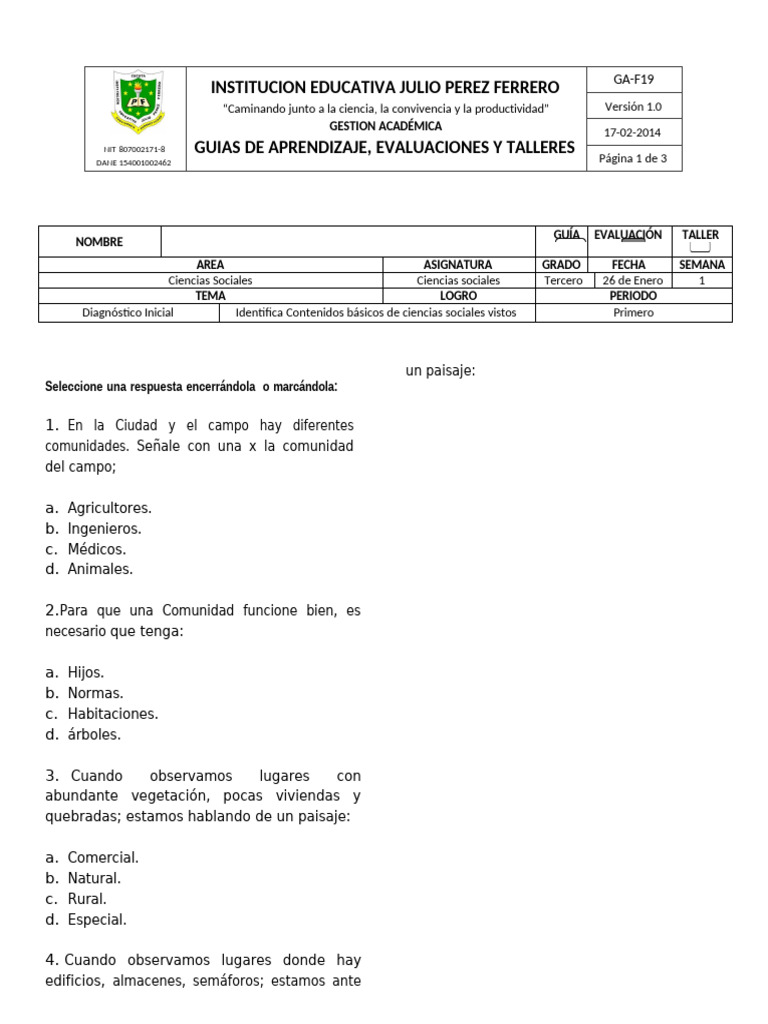 Prueba Diagnostica Sociales Tercero | PDF
