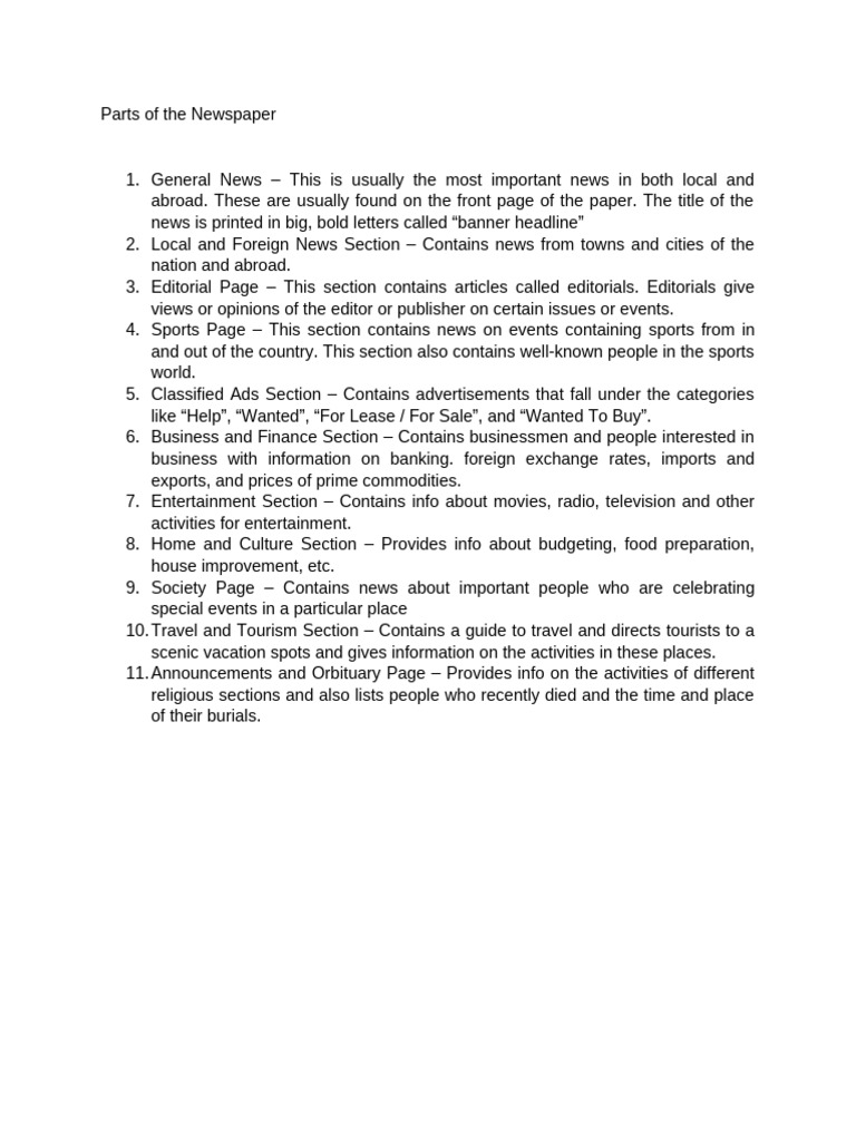 Key Sections of a Newspaper Explained | PDF
