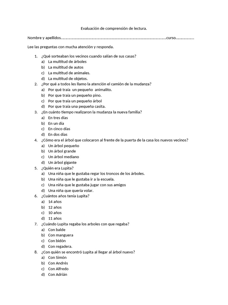 Evaluación de Comprensión de Lectura 5 | PDF