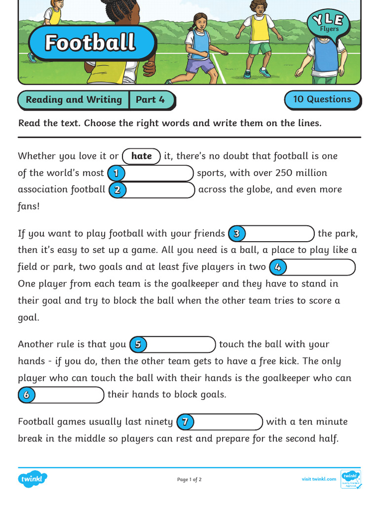 T e 1687253957 Esl Yle Flyers Reading and Writing Part 4 Activity Sheet Football Kids A2 - Ver ...
