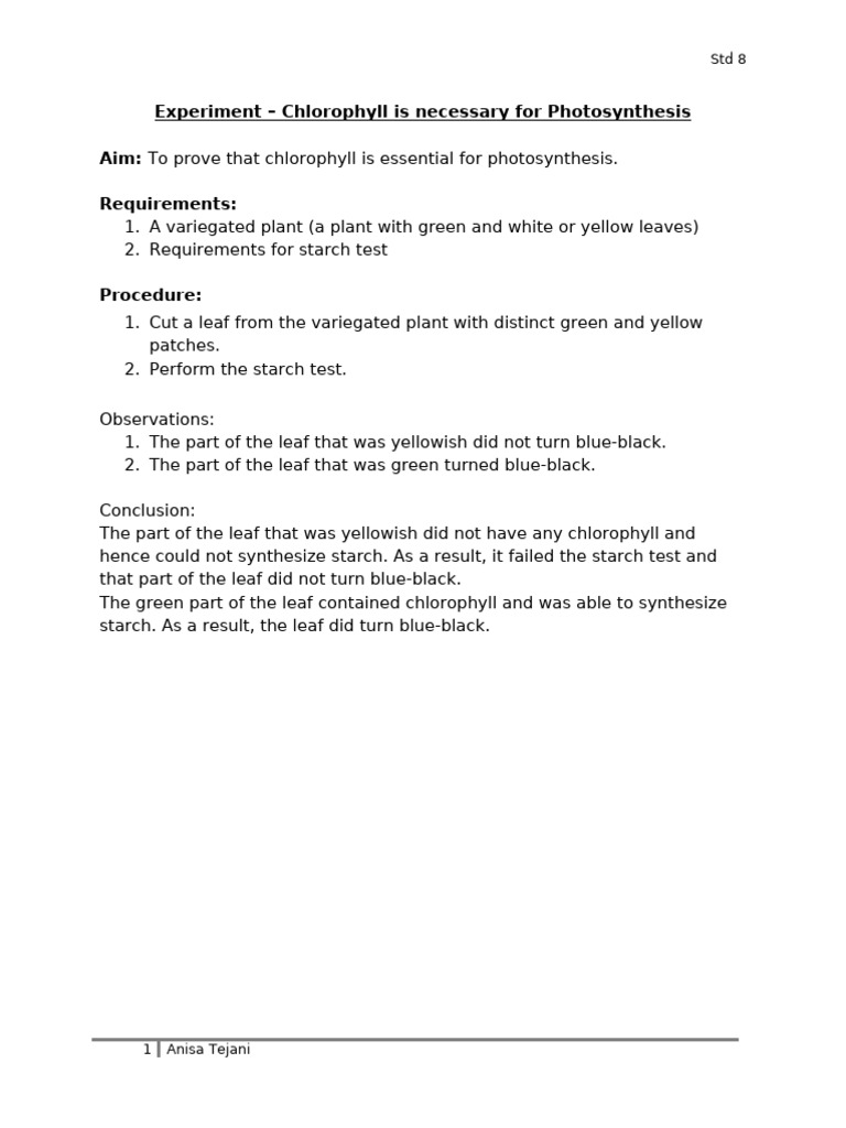 Experiment - Chlorophyll Is Necessary For Photosynthesis | PDF
