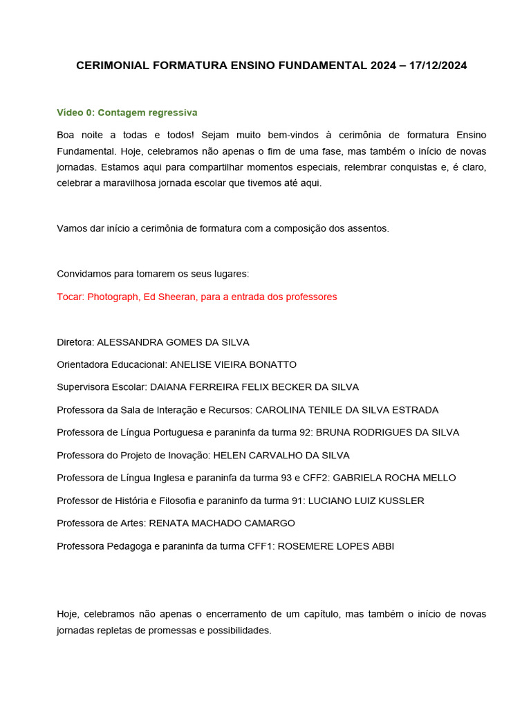 Roteiro Formatura 2024 PDF | PDF