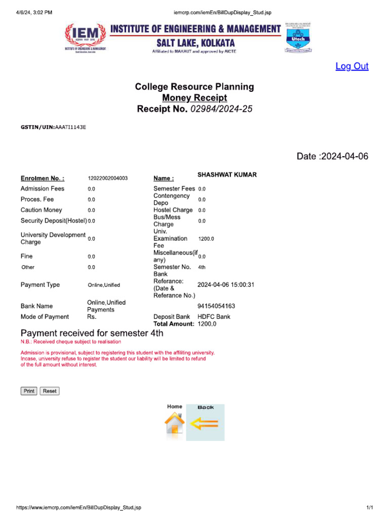 Exam Fee Receipt | PDF