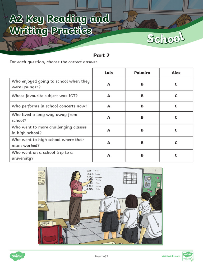 T e 1684310550 Esl A2 Key Reading and Writing Part 2 Worksheet School ...