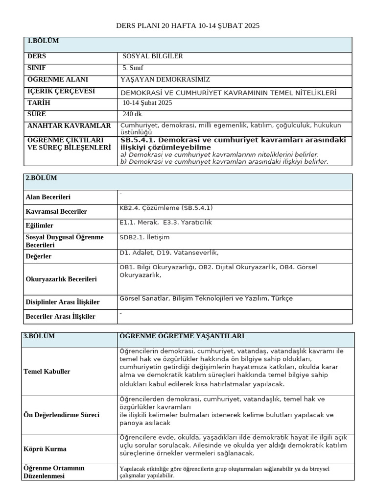 Sinif Sosyal Bilgiler 20. Hafta 10 14 Subat Gunluk Ders Plani | PDF