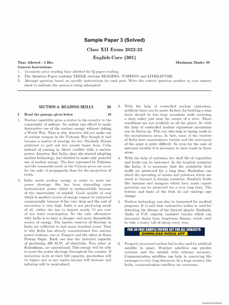 CBSE English Sample Paper - 3 | PDF