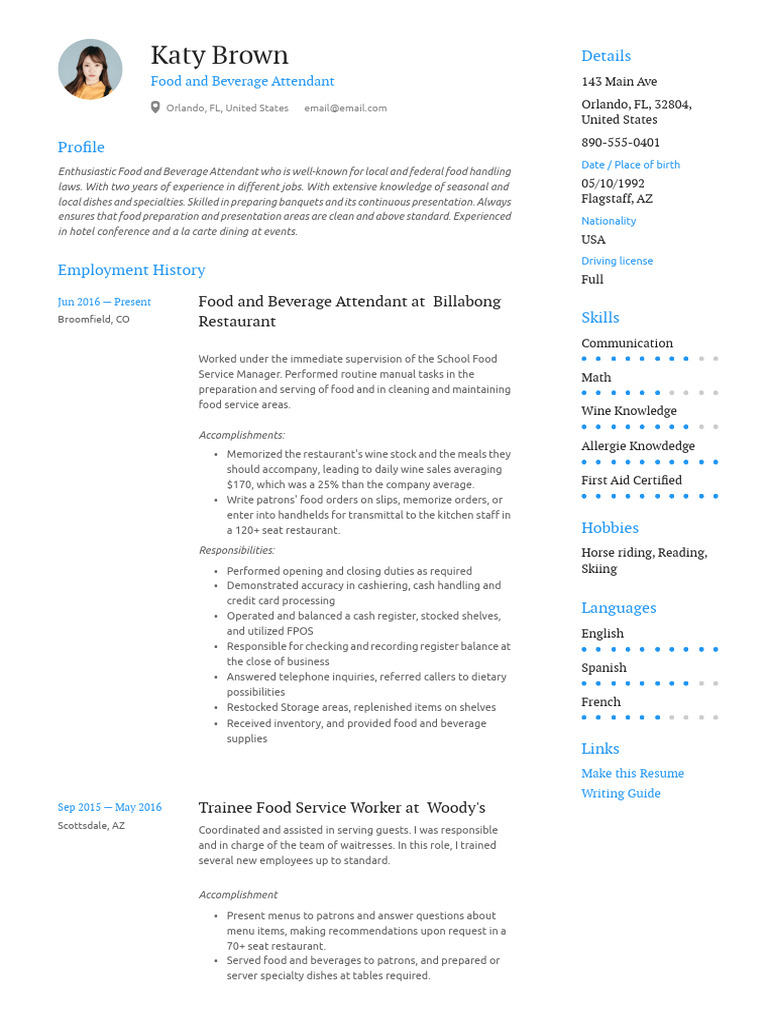Food and Beverage Attendant Resume | PDF | Food Industry | Cooking