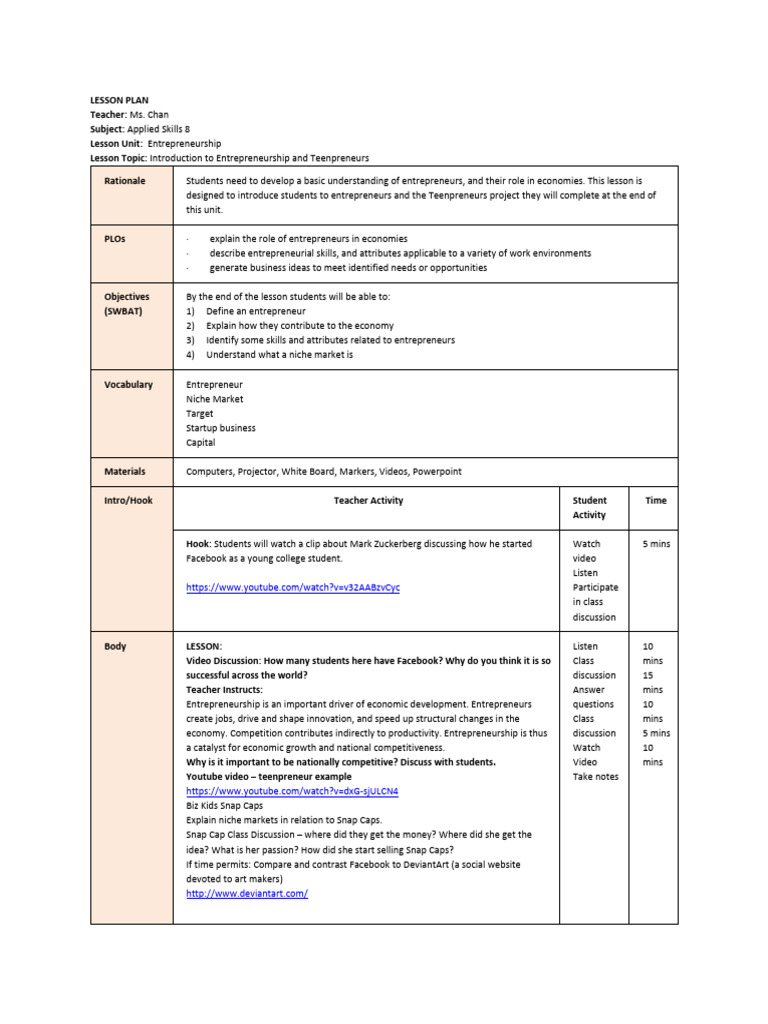 LessonPlanwithmodifications 01 | PDF | Entrepreneurship | Learning