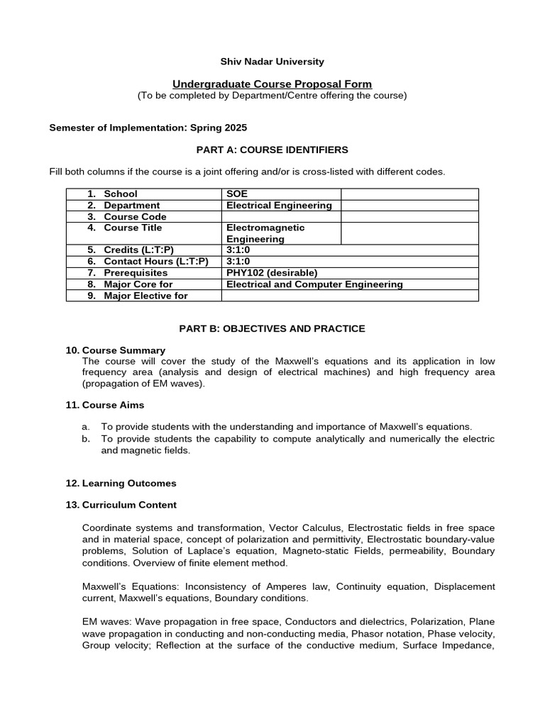 SNU Course Proposal Form - Electroagnetic Engineering - ECE205 | PDF ...