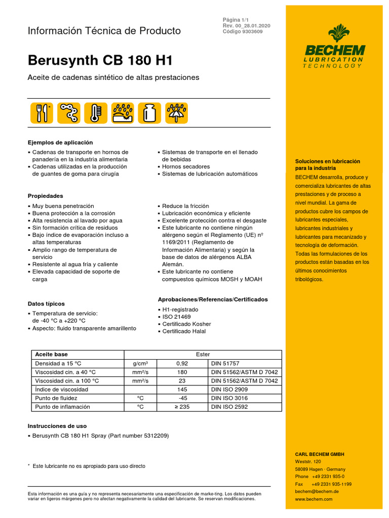 Berusynth CB - 180 - H1 - 9303609 (E) | PDF | Lubricante | Agua