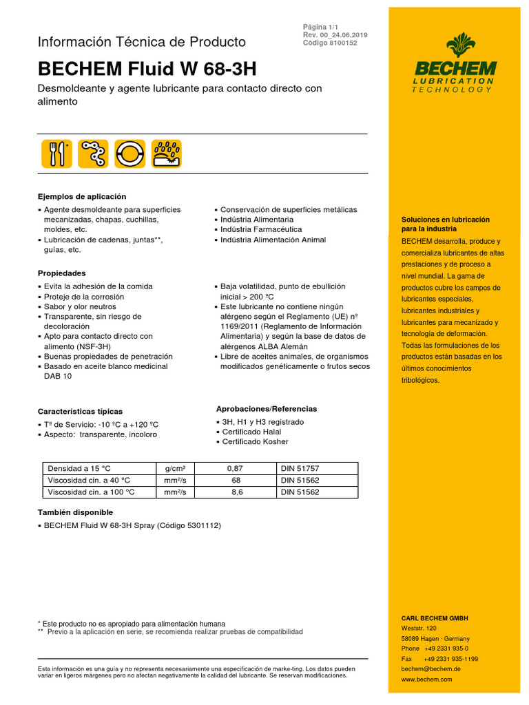 Bechem Fluid W-68 3H TDS | PDF | Alimentos | Lubricante