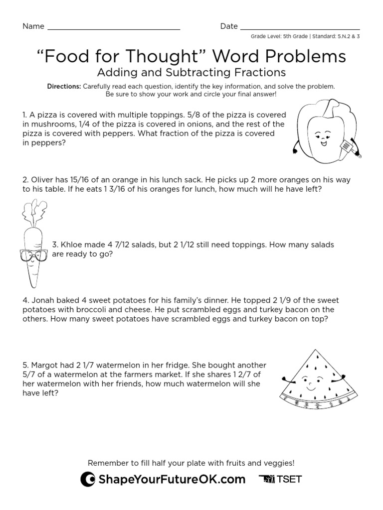 5th Grade Fraction Word Problems | PDF | Lunch | Salad