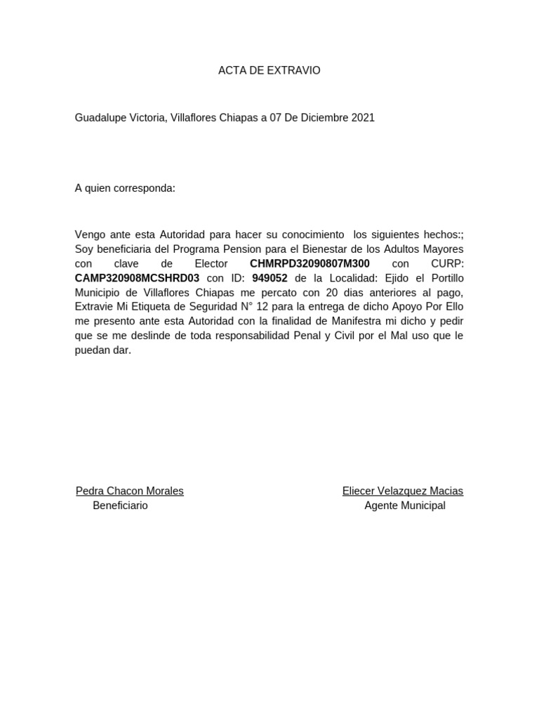 Acta de Extravío de Etiqueta de Seguridad | PDF