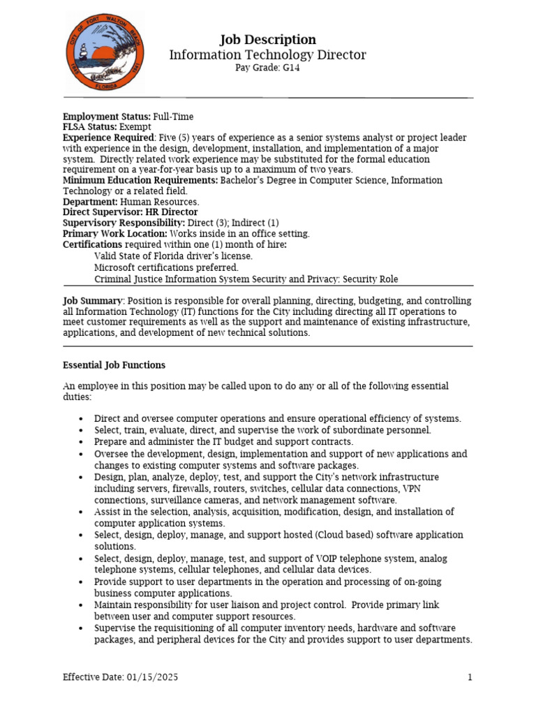 IT Director Job Description 2025 | PDF | Computer Network | Computer ...