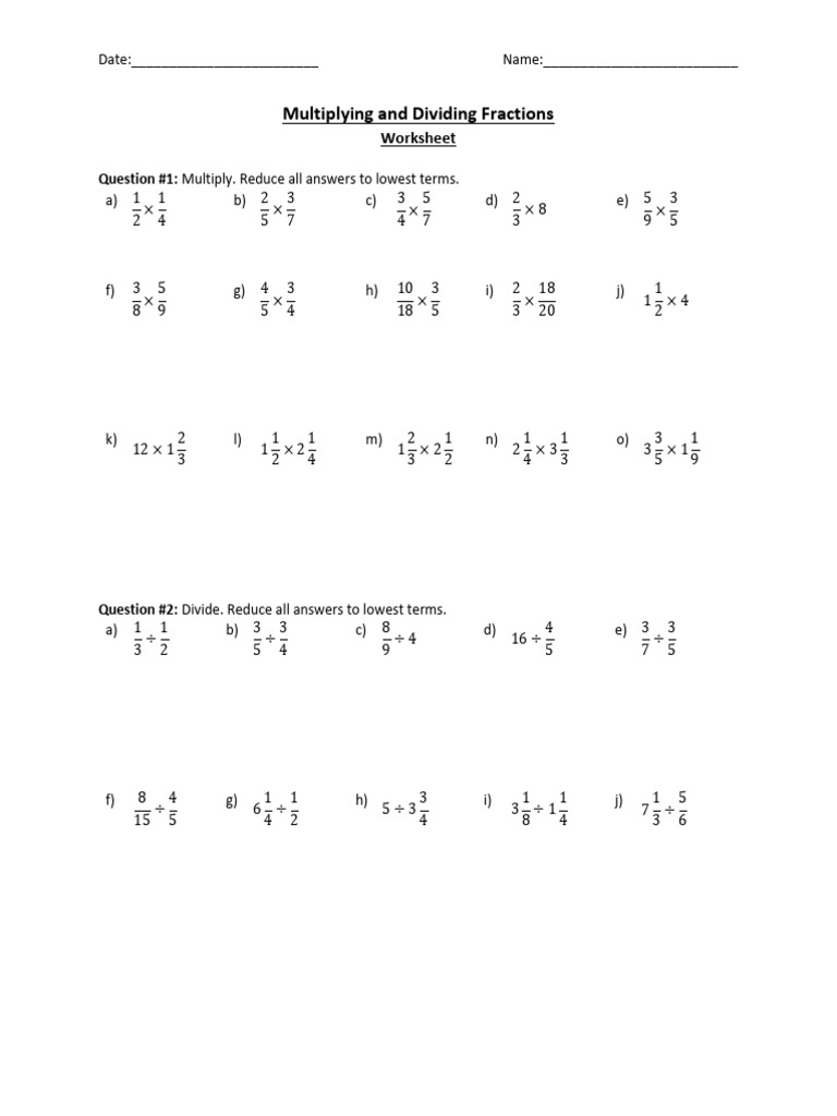 Day 10 - Multiplying and Dividing Fractions Worksheet | PDF