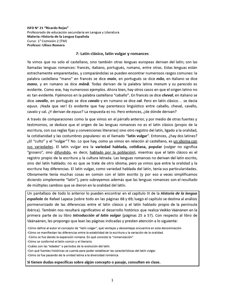 Latín Clásico y Vulgar: Orígenes Romances | PDF | latín | Lengua española