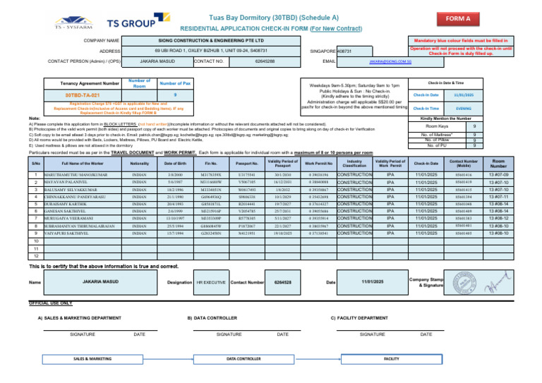 Dormitory Check-In Form for Workers | PDF | Government And Personhood