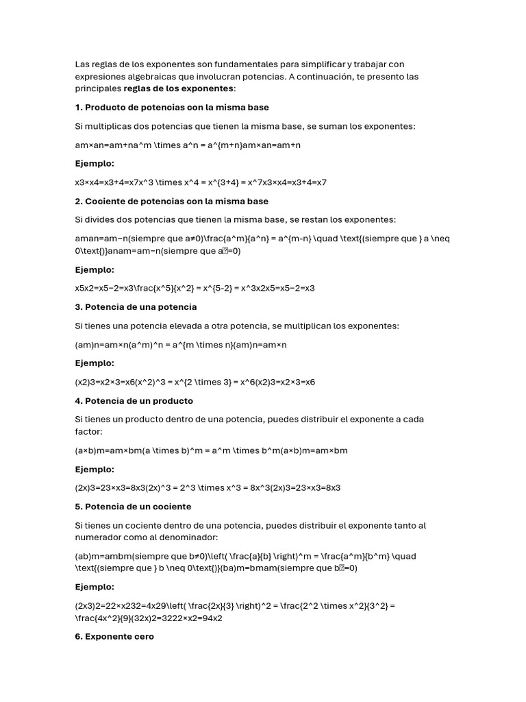 Reglas de los Exponentes en Álgebra | PDF | Exponenciación | Álgebra