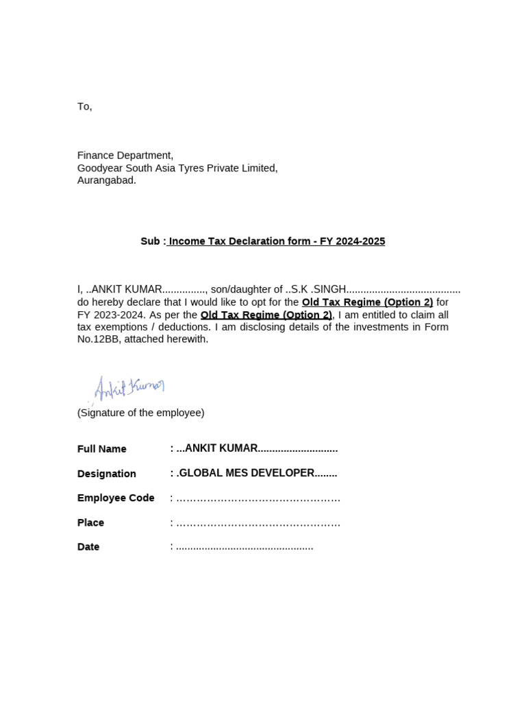 Employee Declaration Form (Old Tax Regime (Option 2) (1) | PDF