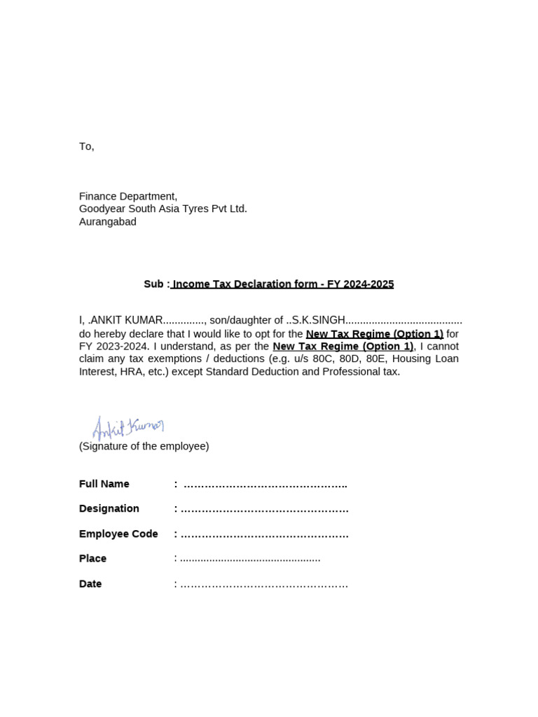 Employee Declaration Form (New Tax Regime (Option 1) | PDF