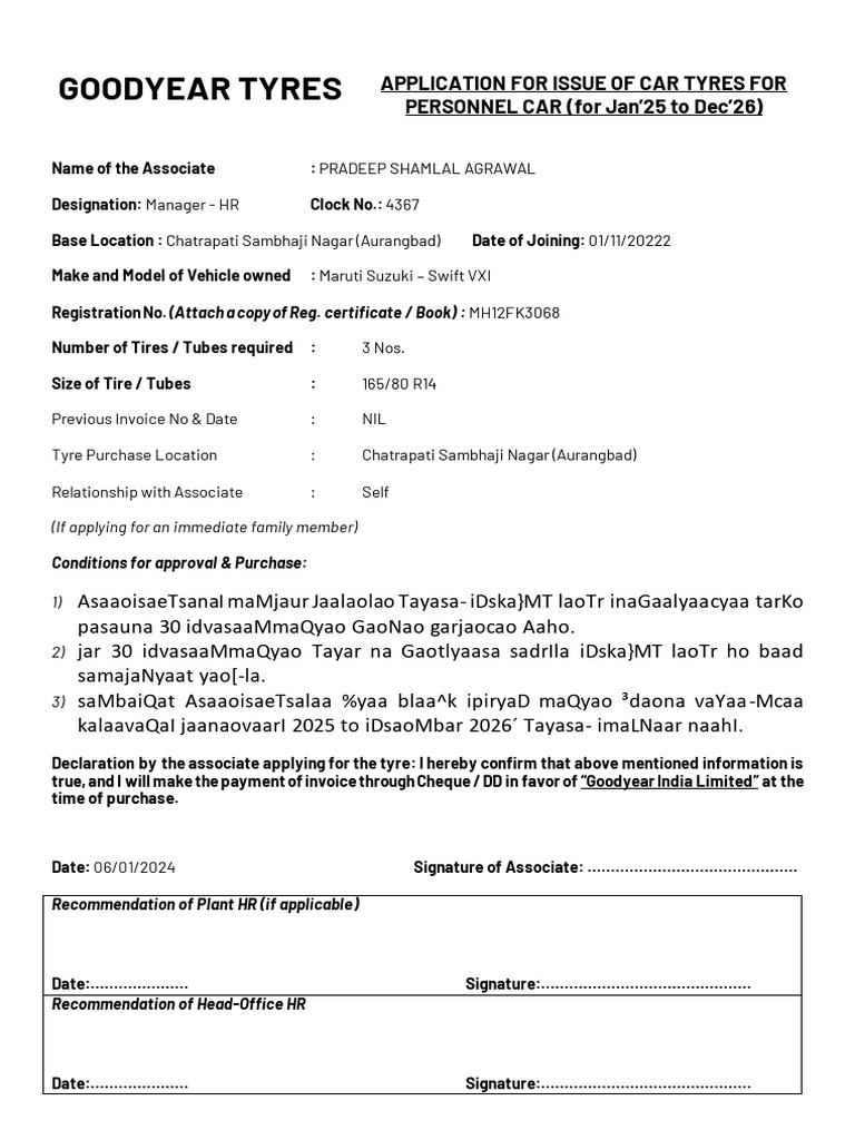 Goodyear Tyre Application Form 2024 | PDF