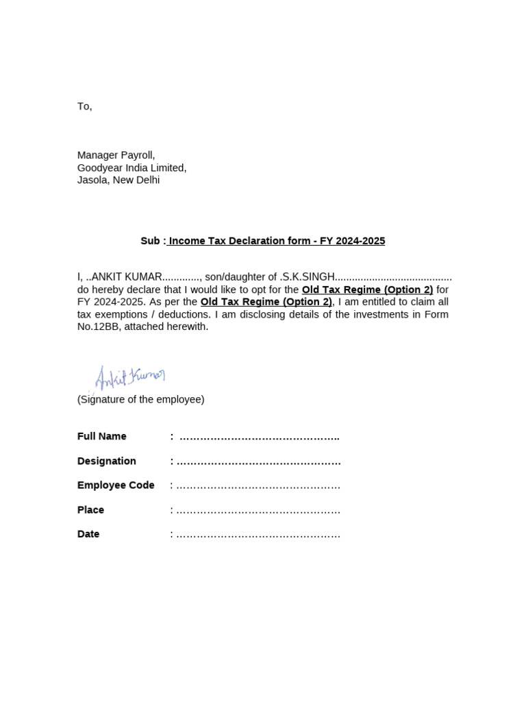 Employee Declaration Form (Old Tax Regime (Option 2) | PDF