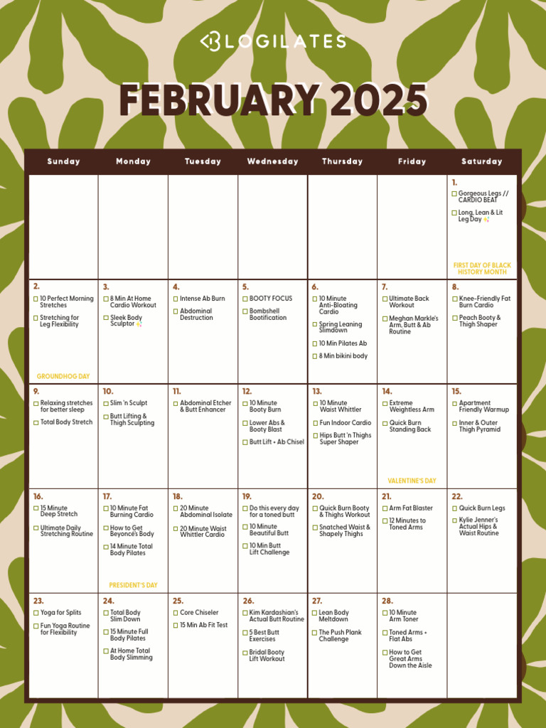 FEB 2025 WO Calendar | PDF | Aerobic Exercise | Pilates