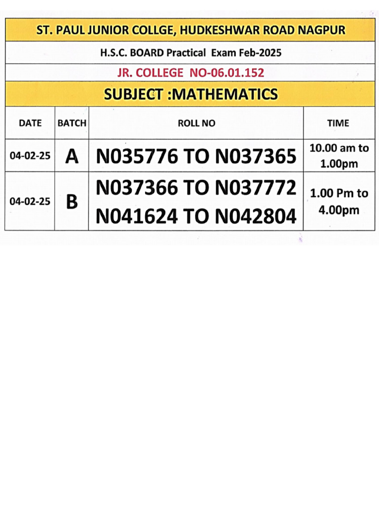 Mathematics Time Table JR College No 0601152 - Date-04!02!2025 | PDF