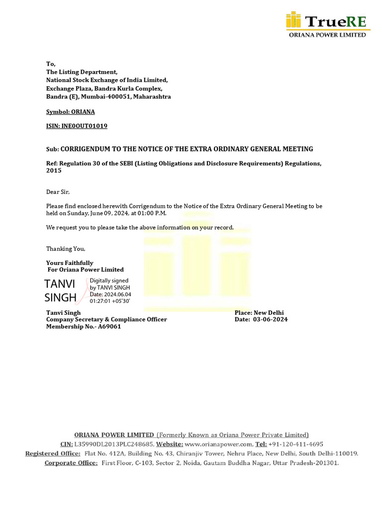 Corrigendum To The Notice of The Extra Ordinary General Meeting ...