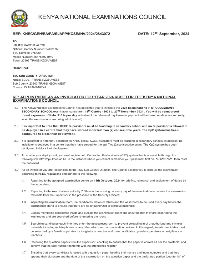 KCSE 2024 Invigilator Appointment Letter | PDF
