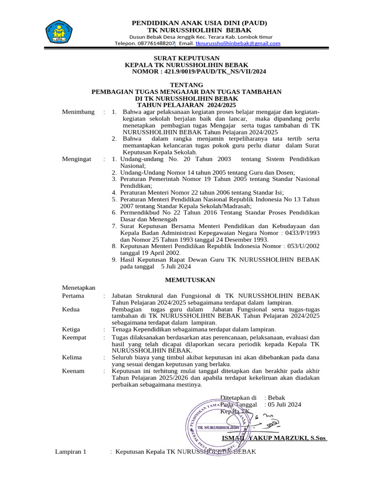 SK Pembagian Tugas Guru Dan Tugas Tambahan | PDF