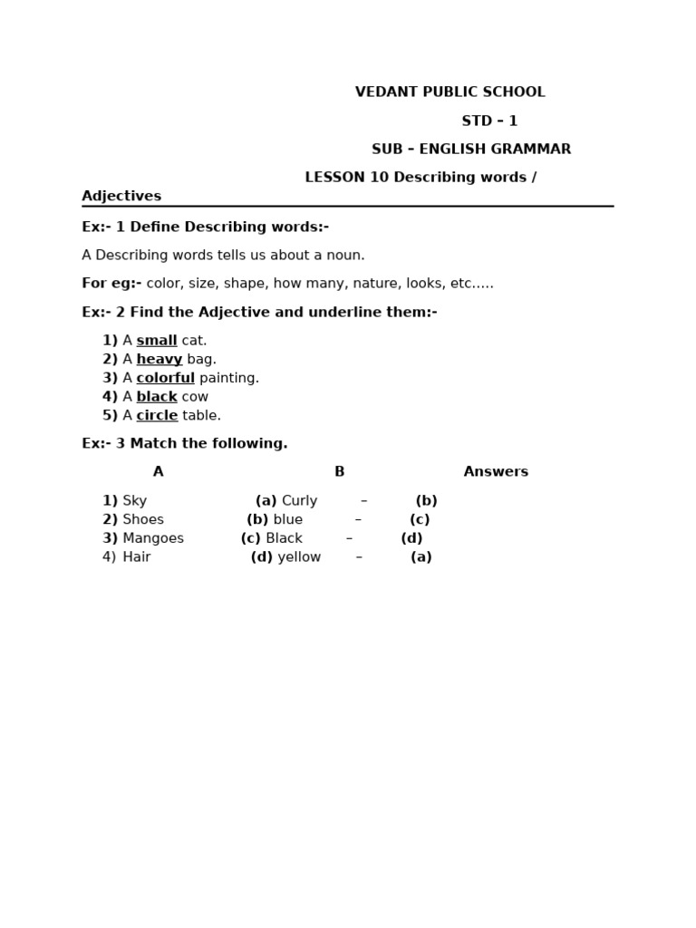 STD - 1 English Grammar Chapter 10 | PDF