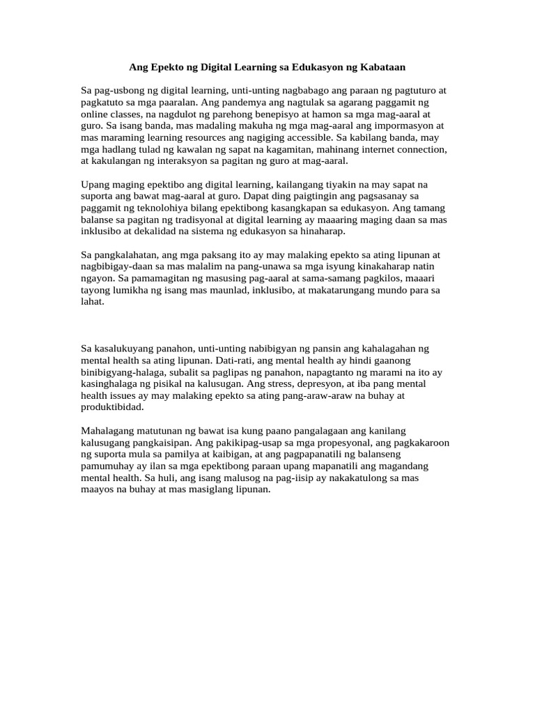 Ang Epekto ng Digital Learning sa Edukasyon ng Kabataan | PDF