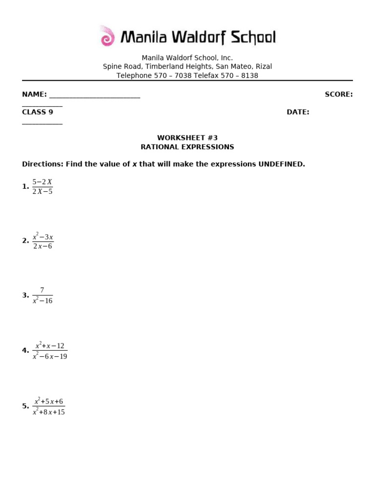 Class 9 Rational Expressions Worksheet | PDF