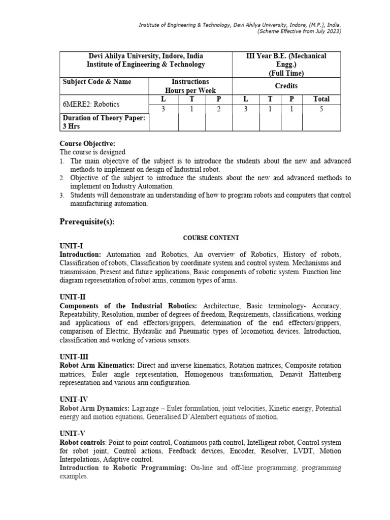 MER6E2 Robotics Syllabus | PDF | Robotics | Robot