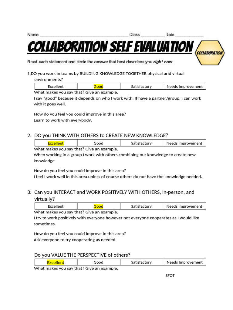 Collaboration Self Evaluation | PDF | Knowledge | Cooperation