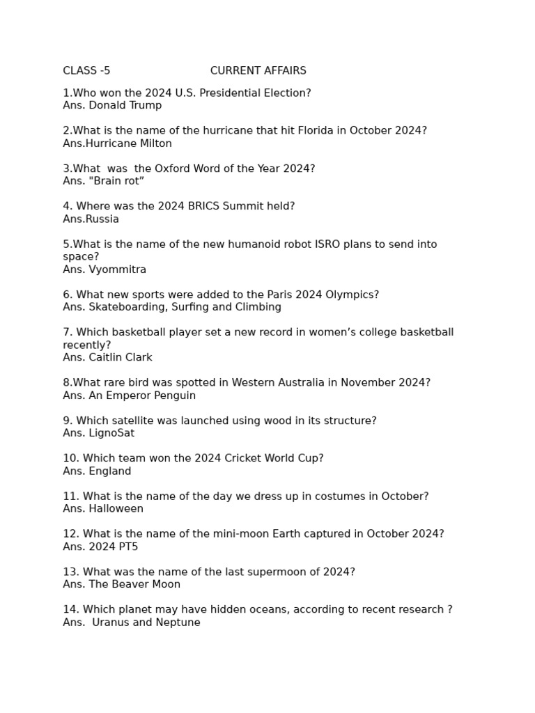 Current Affairs Class 5 | PDF