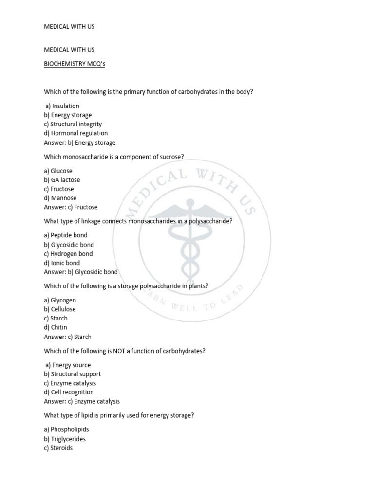 Biochemistry MCQs on Carbohydrates and Lipids | PDF | Glycolysis ...