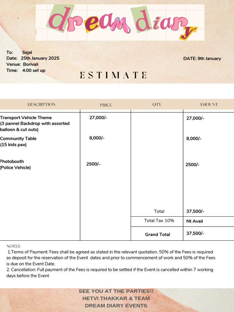 Dream Diary Invoice | PDF