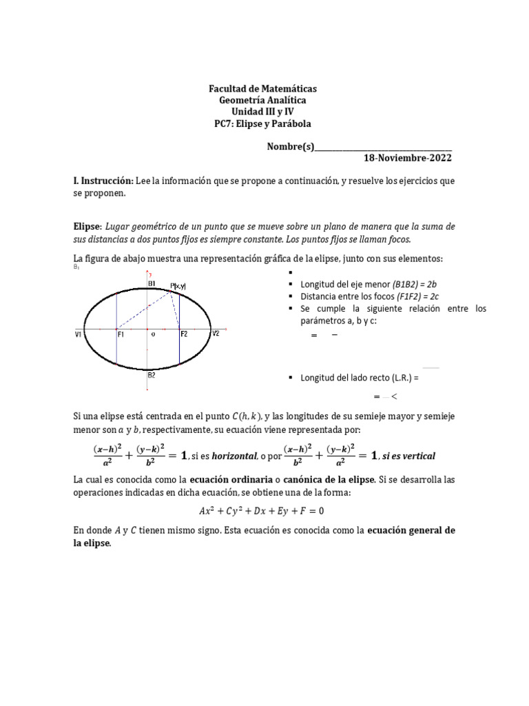 PC7 - Elipse y Parábola | PDF | Elipse | Geometría algebraica