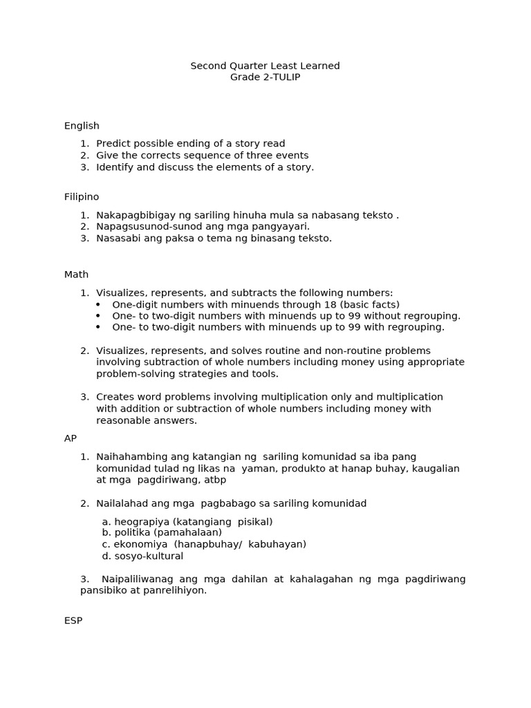 Grade 2 Learning Outcomes Q2 Summary | PDF