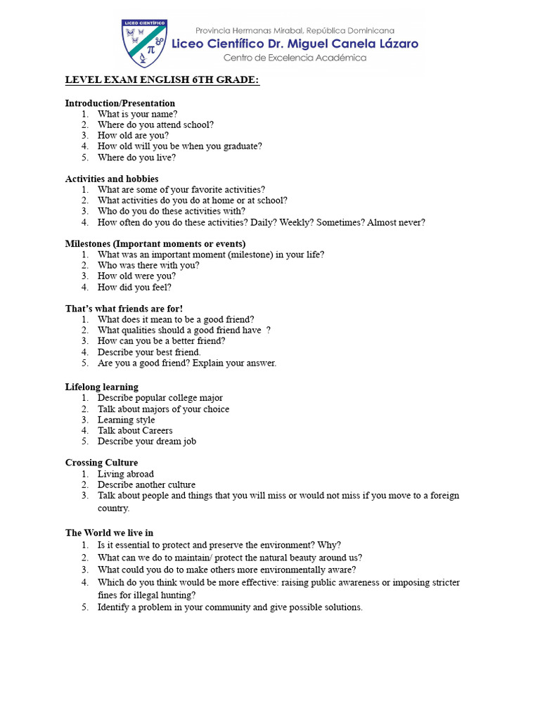 6th Grade English Oral Exam Guide | PDF | Vocabulary | Subject (Grammar)