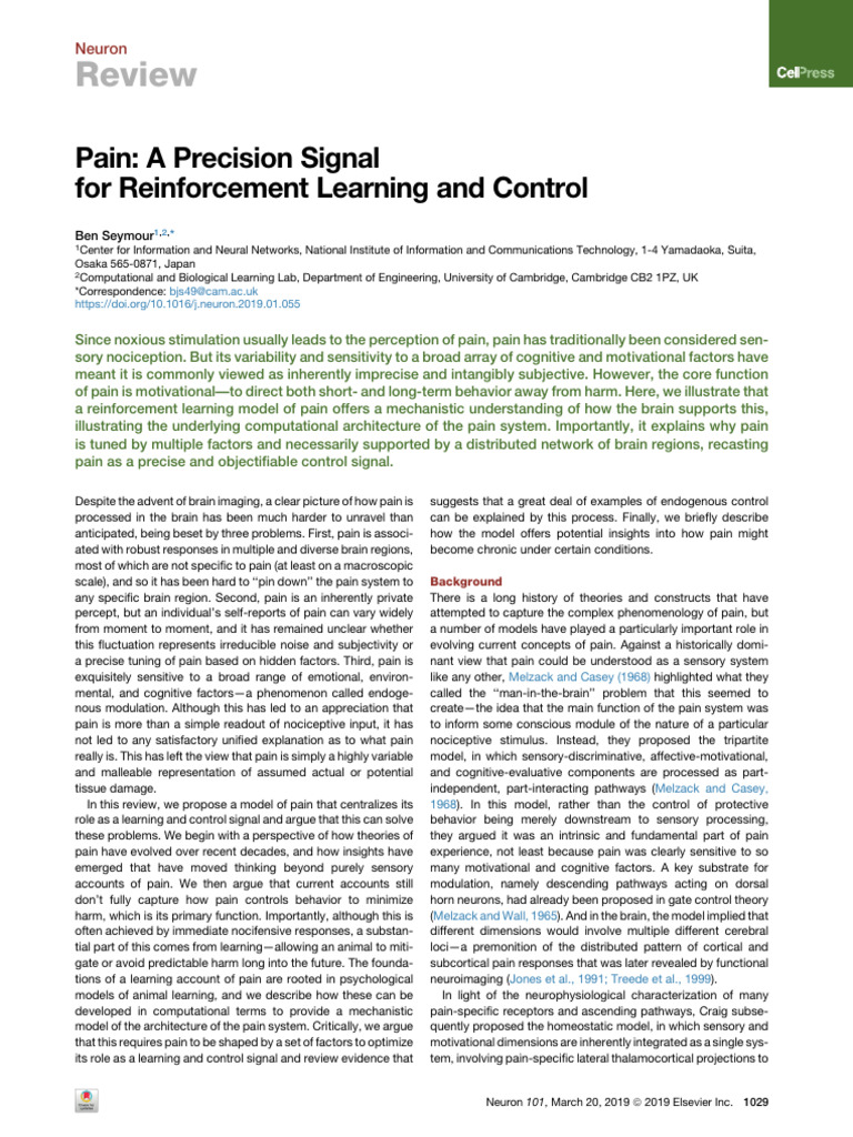 Pain A Precision Signal For Reinforcement Learning and Control | PDF ...