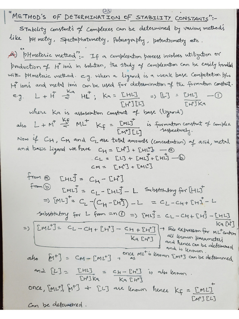 Methods of Determination of Stability Constants (Class Notes) | PDF