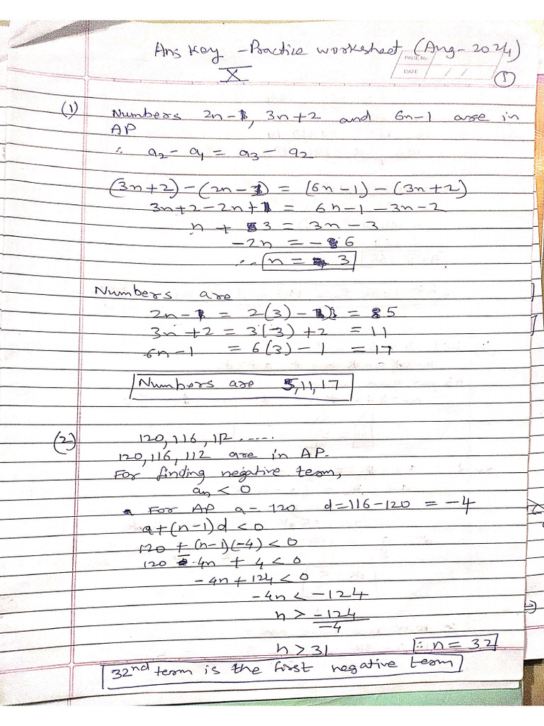 Ans Key - Worksheet X Aug 2024 - AP and Circles | PDF