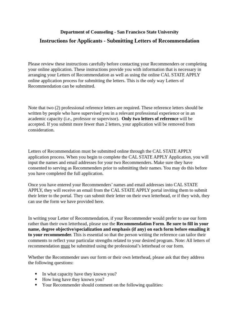 SFSU Counseling Letters of Recommendation Guide | PDF | Psychological ...