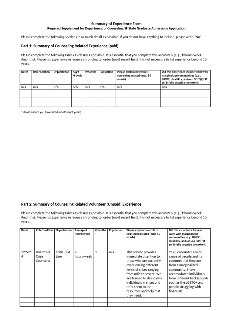 Summary of Experience Form (F24) - Revised | PDF