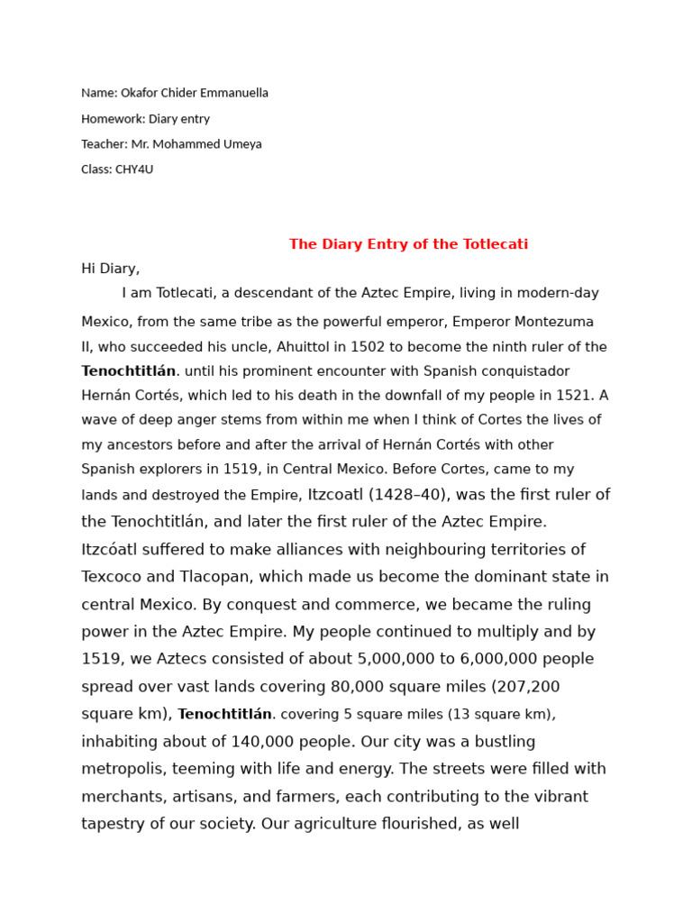 Totelcati Dairy Entry | PDF | Hernán Cortés | Aztec